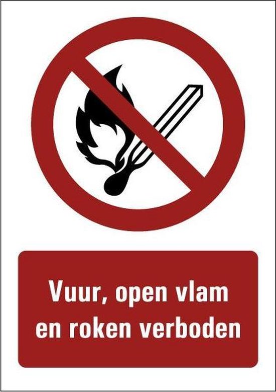 Vuur, open vlam en roken verboden tekststicker 210 x 148 mm (A5) | bol