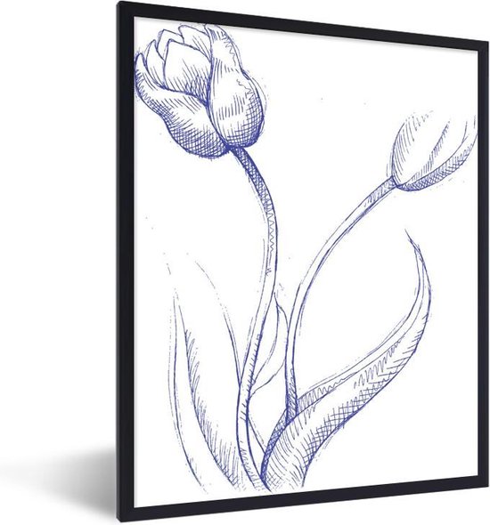 Fotolijst incl. Poster - getekende blauwe tulpen - 30x40 cm ...
