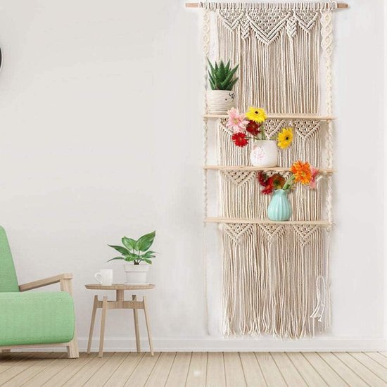 Macramé wand met 3 dieren - handgemaakt - geweven kwastjes - houten ...