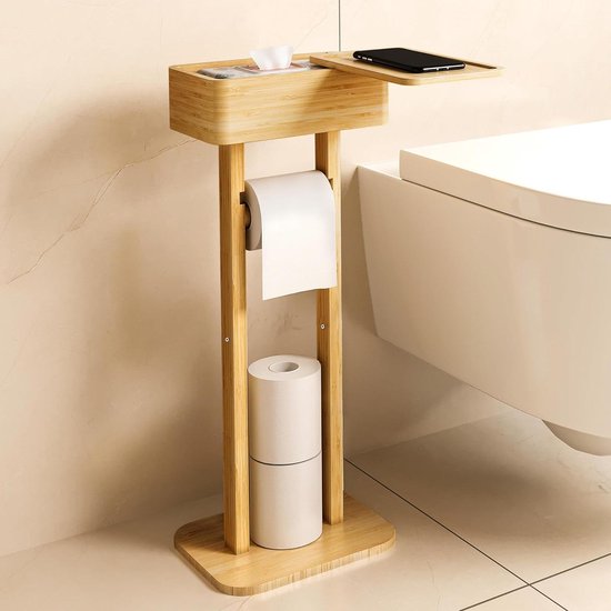Toilethouder Vrijstaande Bamboe Toiletpapierhouder met Opbergvak en ...