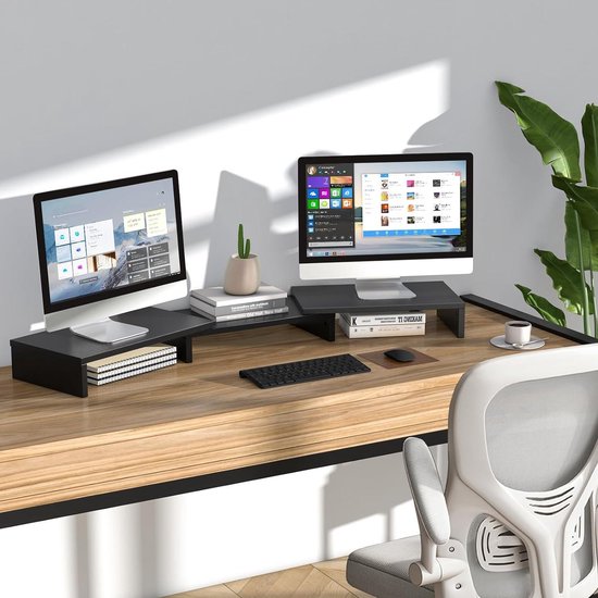 Zwart Hout Dual Monitor Stand | Lengte en Hoek Verstelbaar | Voor 2 ...