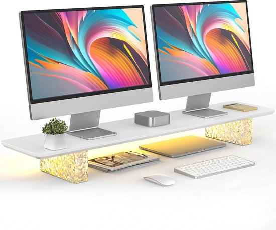 Houten Kristallen Dual Monitorstandaard met LED Lichtstrip - Bureau ...