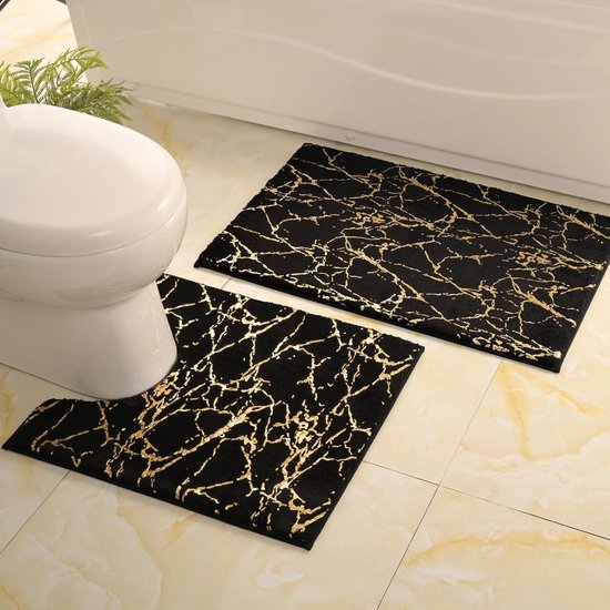 Riokem ® Luxueuze Zwarte Badmat met Gouden Decoratie en Antislip ...