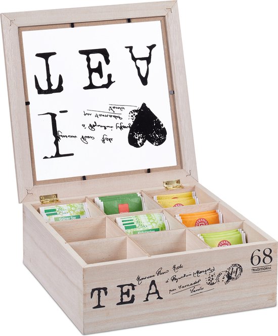 theedoos - 9 vaks - met deksel - 9 x 25 x 25 cm - vierkant - groot | bol