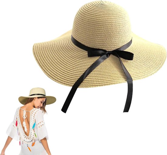 Strandhoed voor dames - Stro - Opvouwbaar - Brede rand - Kaki | bol