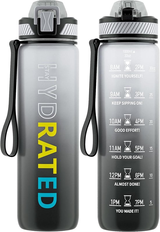 Waterfles, 1 liter/750ML sport drinkfles met rietje en tijdsaanduiding ...