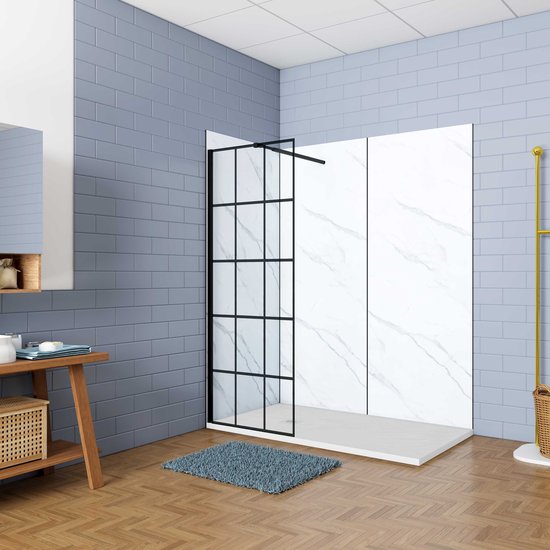 Douchewand-Inloopdouche 100x200cm met mat Zwart kader en raster 8mm ...
