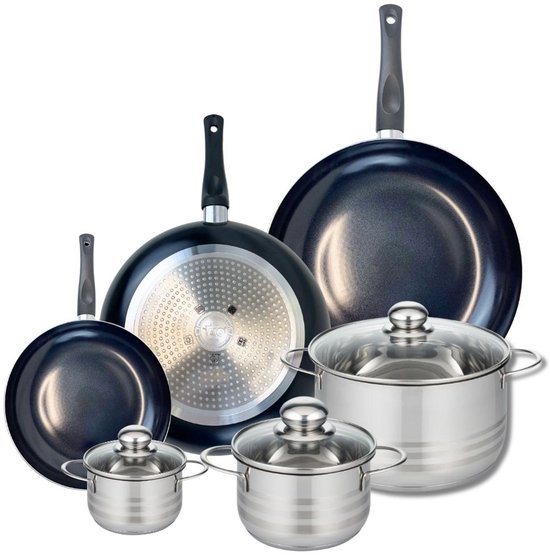 Set van 3 kookpannen 20, 28 en 32 cm en 3 braadpannen 12, 16 en 24 cm ...