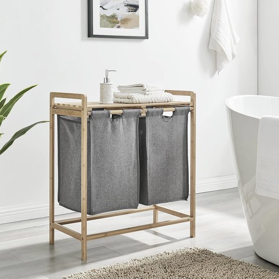 Wasmand met 2 Vakken en Uitschuifbare Waszakken - Stof en Bamboe ...