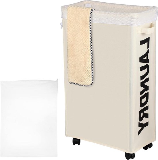 Hoge wasmand met afneembare waszak en wieltjes, 62 liter, opvouwbaar ...
