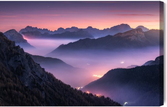 Schilderijkoning - Canvas Schilderij Bergen In De Mist 'S Avonds - 120 x 80 cm | bol.com