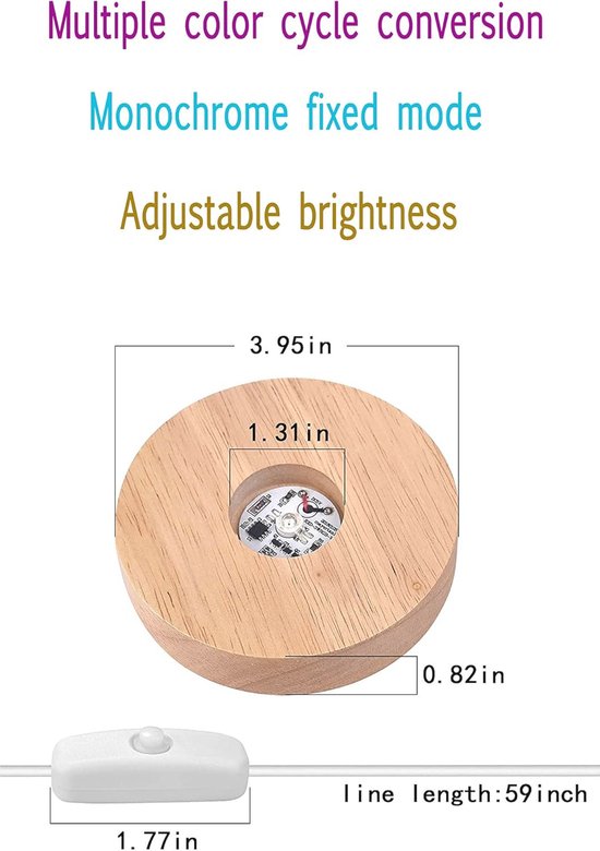 Kleurrijke LED-lampvoet met ronde houten sokkel voor kristalglas kunst ...