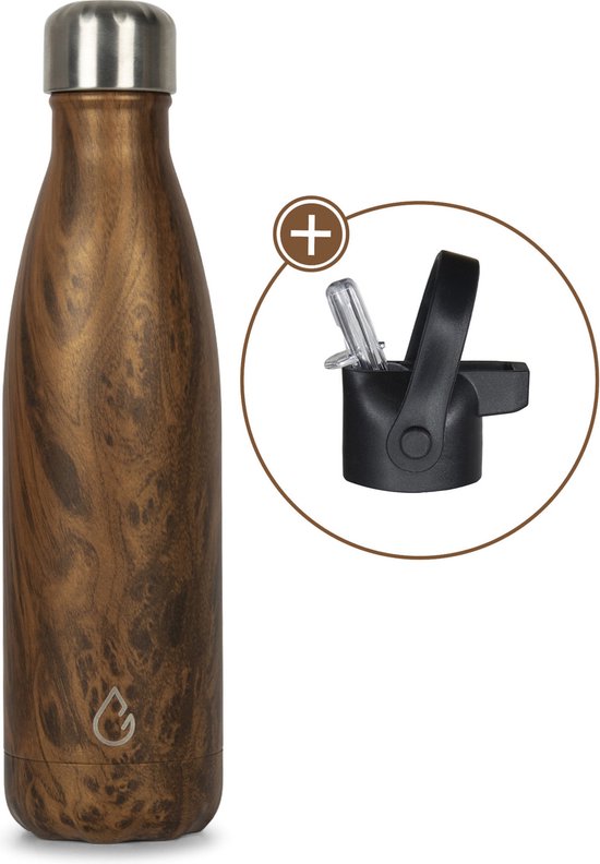 Wattamula - FLOW waterfles RVS wood 500 ml - dop met rietje - drinkfles ...