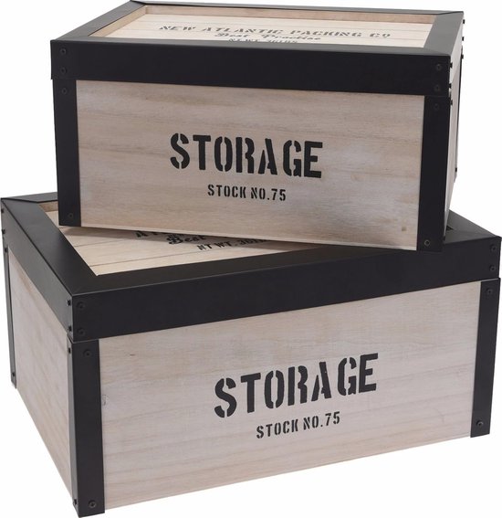 Retro Houten Opbergdozen Set van 2 met Metalen Bekleding | bol