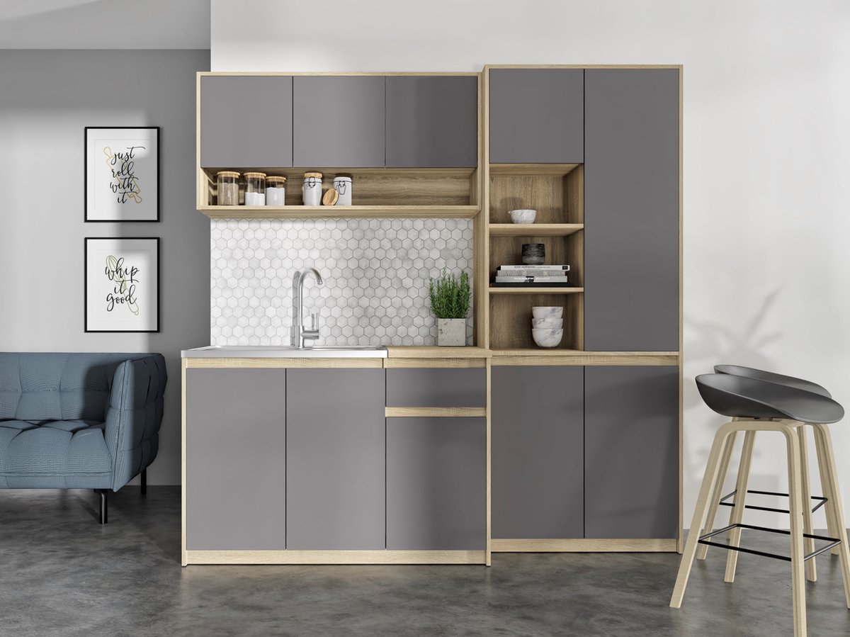 Perfecthomeshop Kleine Keuken Grijs & Eiken - 120cm – Mini Keukenblok ...