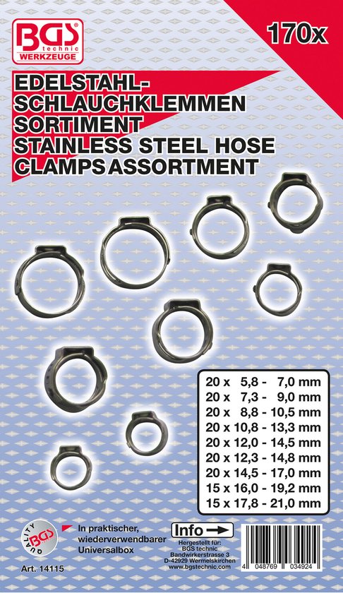 BGS Roestvrij stalen slangklemmen assortiment 5,8 - 21 mm 170 delig | bol