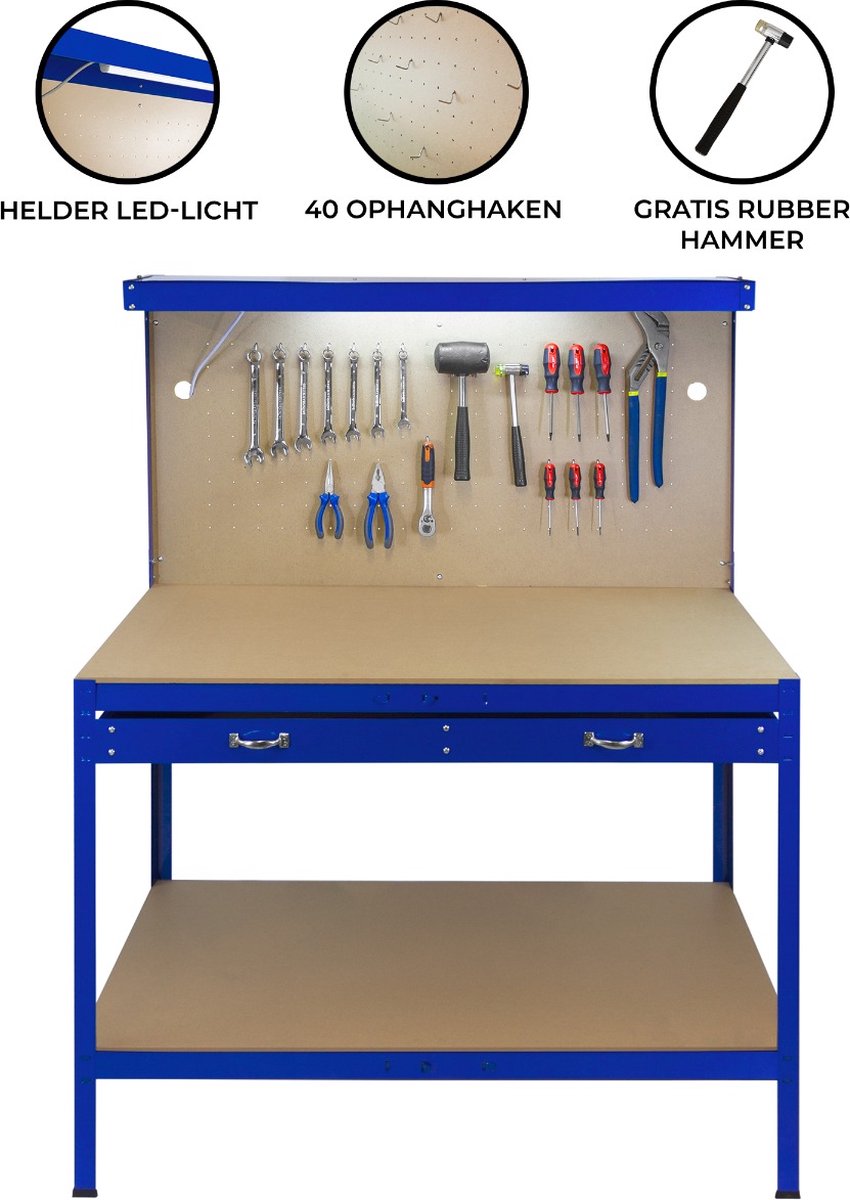 Werkbank Werktafel - 120x60x155 cm - Achterwand Ophangbord + Lade + LED ...