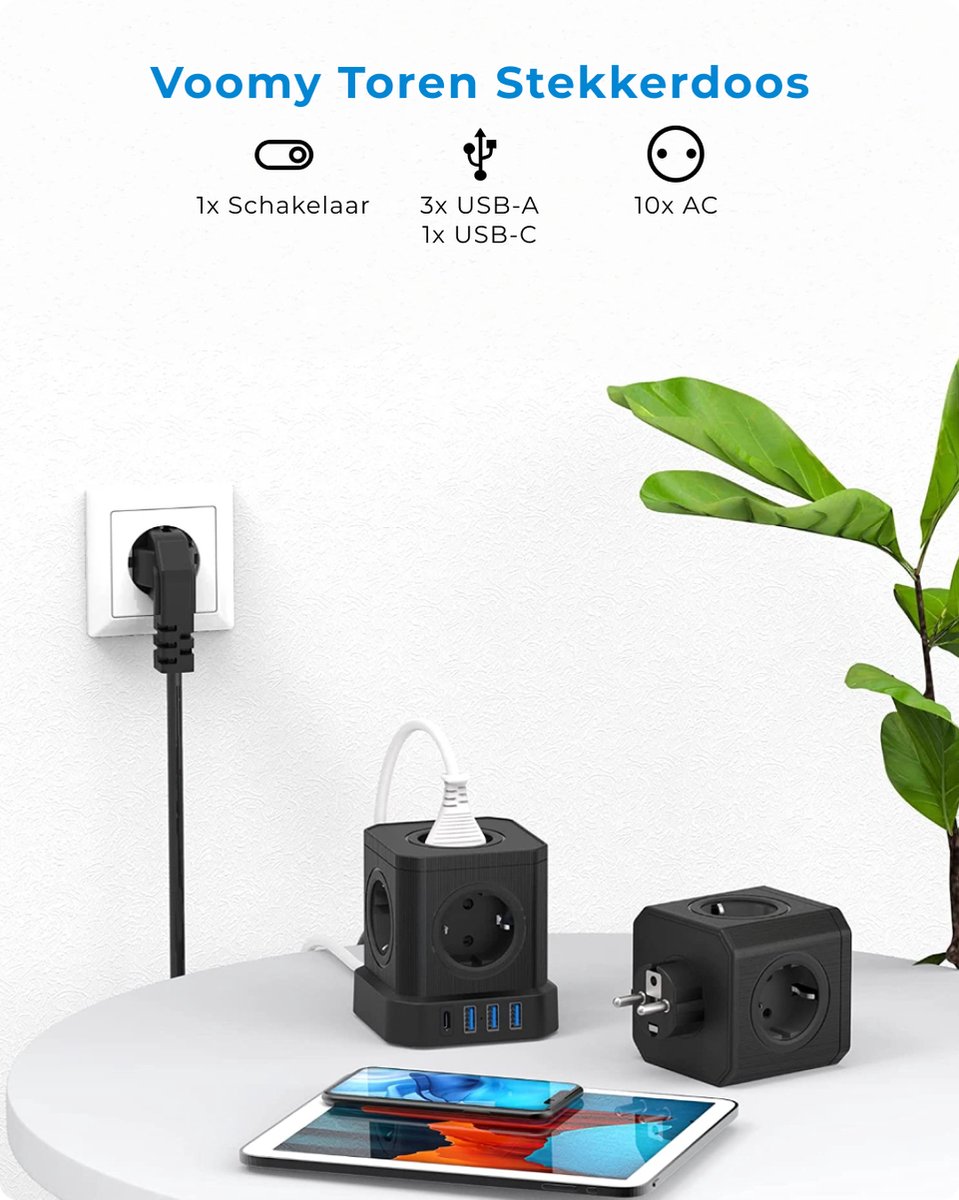 Voomy Toren Cube 2.0 Stekkerdoos met Schakelaar - Stapel design - USB-C ...
