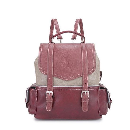 Noi-Noi 'Kiki' - Rugzak - Handtas - Bordeaux rood / beige - Veel vakken ...