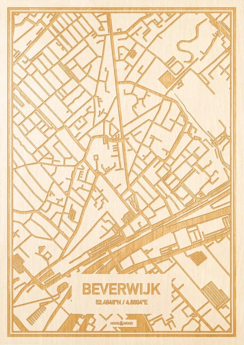 Kaart Beverwijk - Gegraveerde stadskaart Hood&Wood - Hout, A4 | bol.com