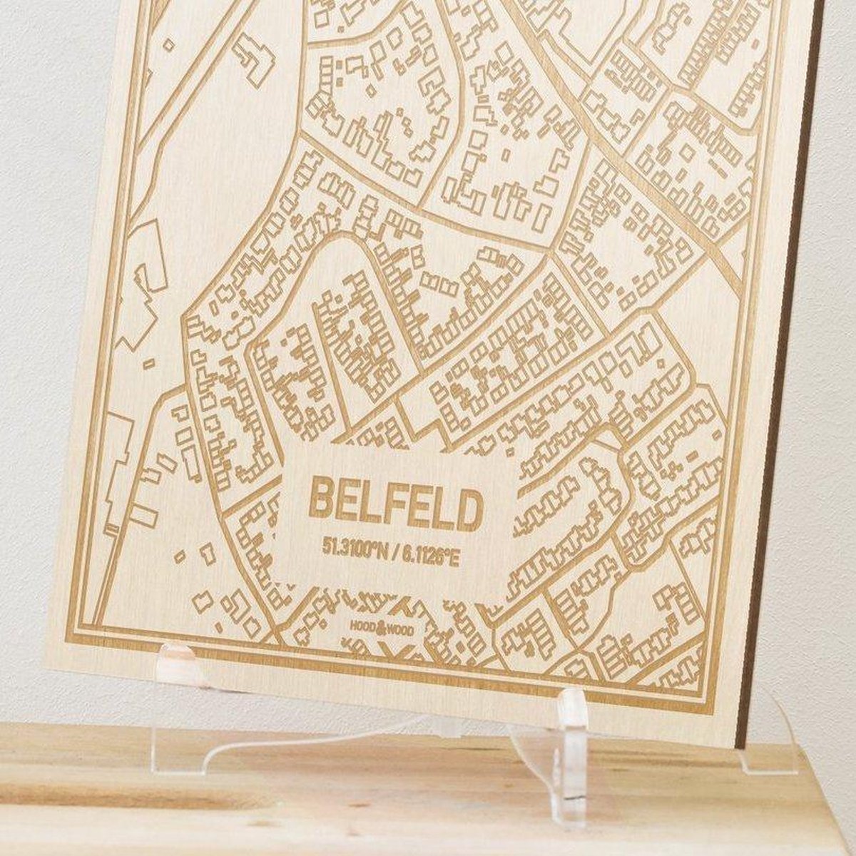 Kaart Belfeld - Gegraveerde stadskaart Hood&Wood - Hout, A4 | bol.com