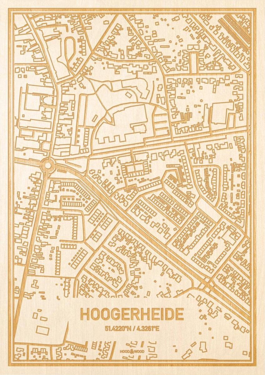 Kaart Hoogerheide - Gegraveerde stadskaart Hood&Wood - Hout, A4 | bol.com