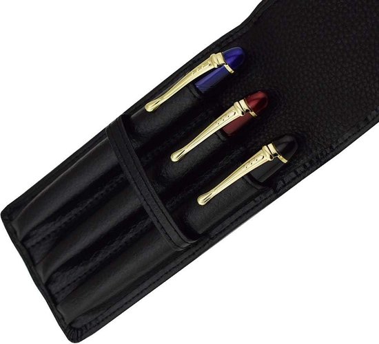 Leather Fountain Pen Case for 3 Pens - Black Color Organizer Carrying ...
