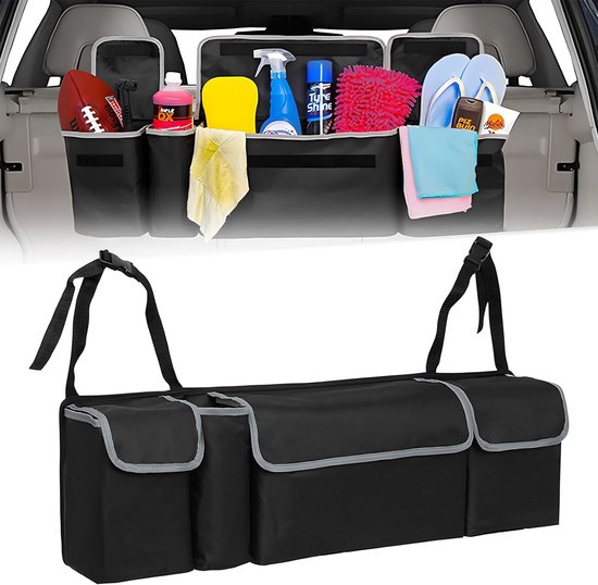 Kofferbak Organizer Auto - 4 vakken, 3 verstelbare riemen - Zwart 90 x ...