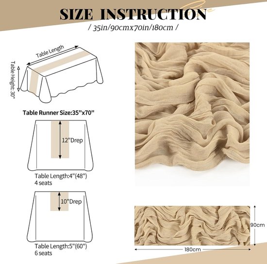 Beige Kaasdoek Tafelloper Set - Boho Gaas Rustieke Tafeldecoratie - 90 x 180 cm | bol