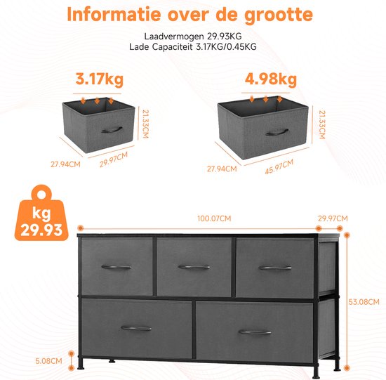 Commode - kast - opbergkast, 5 laden van stof met handgrepen - metalen ...