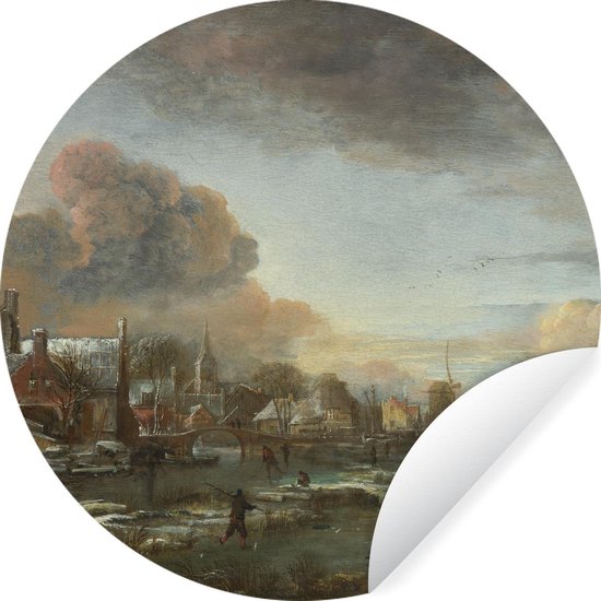 Rivière gelée avec ville le soir - Peinture par Aert van der Neer ...