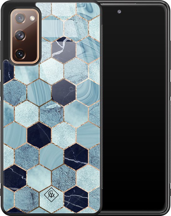 Samsung Galaxy S20 FE hoesje glas - Blue cubes - Blauw - Hard Case Zwart - Backcover... | bol