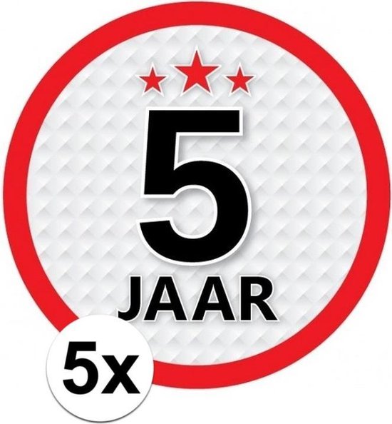 5x 5 Jaar leeftijd stickers rond 15 cm - 5 jaar verjaardag/jubileum ...