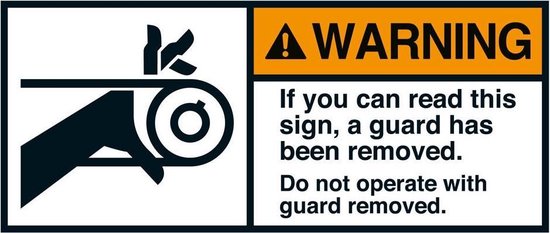 Warning Do not operate with guard removed sticker, ANSI, 2 per vel 45 x ...
