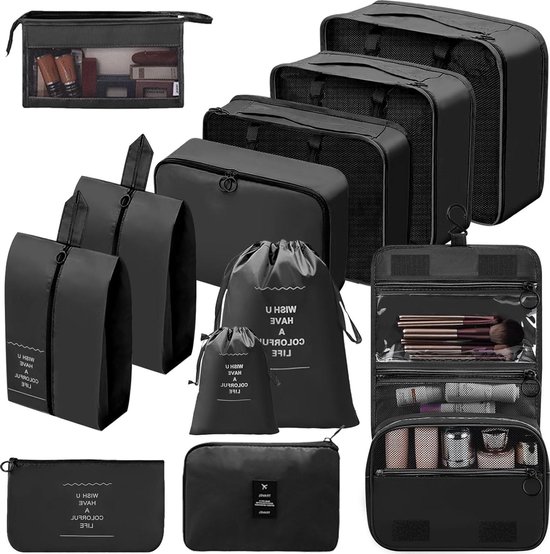 Koffer organizer set - 12 zuiver zwarte - bagage reisorganizer ...