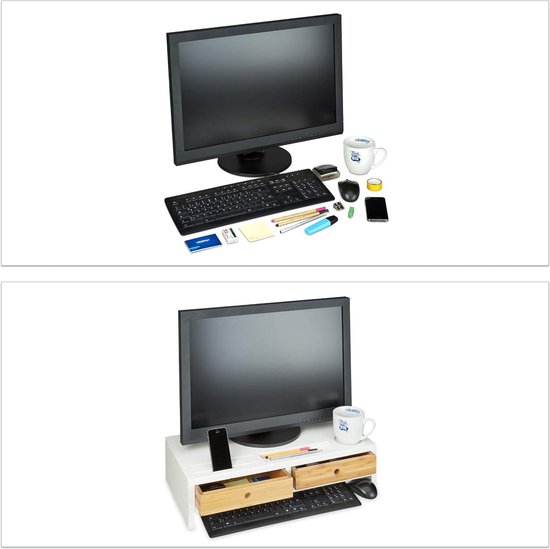 Monitor standaard bamboe 2 lades beeldschermverhoger voor laptops en ...