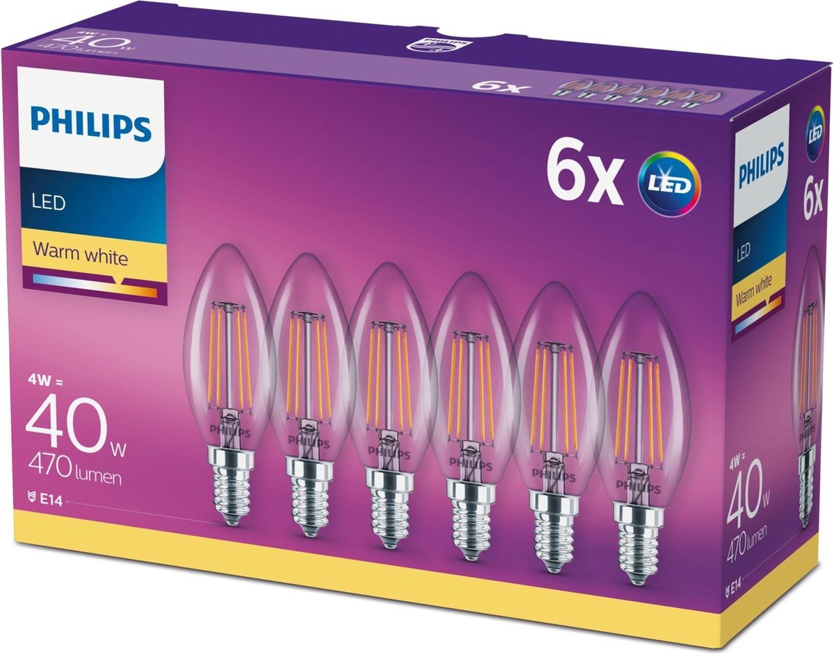 Philips energiezuinige LED Kaars Transparant- 40 W - E14 - warmwit licht - 6 stuks | bol.com