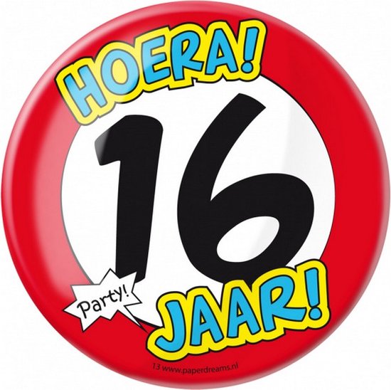 button Hoera! 16 jaar! junior 10 cm staal rood/wit | bol.com