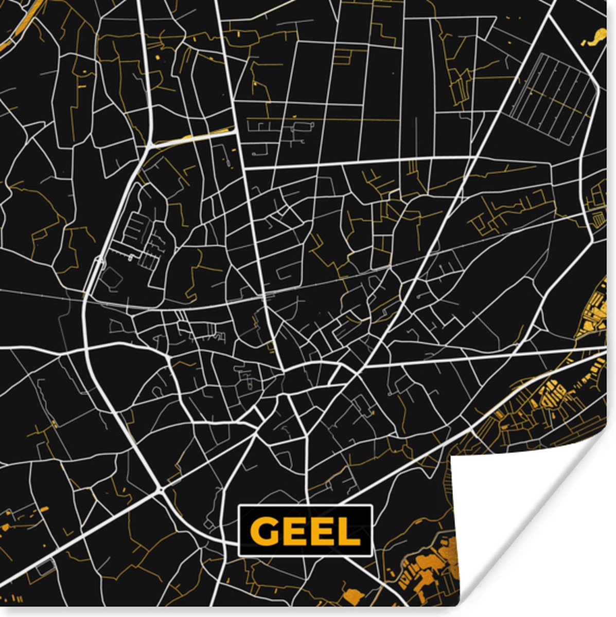 Poster Stadskaart - Geel - Kaart - Plattegrond - Goud - 100x100 cm XXL ...