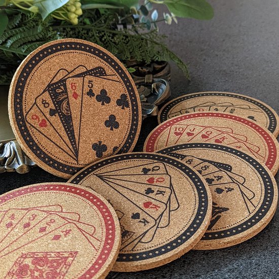 Mango Steam kurken onderzetters met schoteltje, pokerkaart, rood, 6 ...