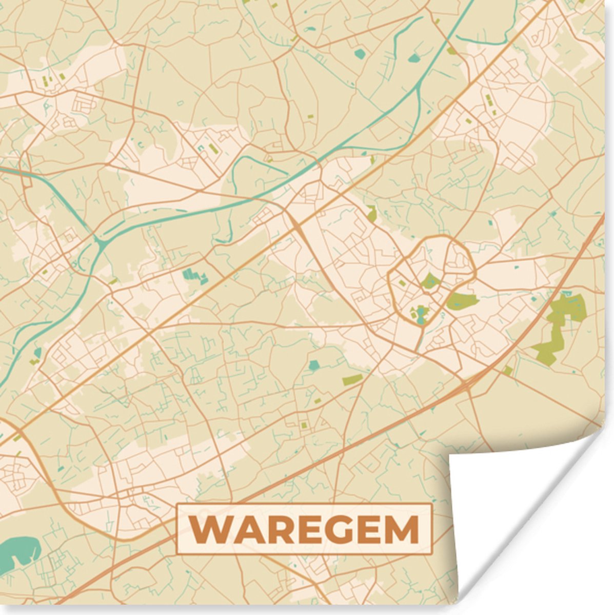 Poster Plattegrond - Vintage - Kaart - Stadskaart - Waregem - 50x50 cm ...