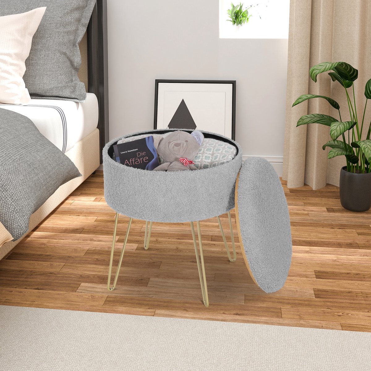 Poef - Poefje - Teddy Stof - Schapenvacht - Grijs -Opbergpoef - Hocker ...