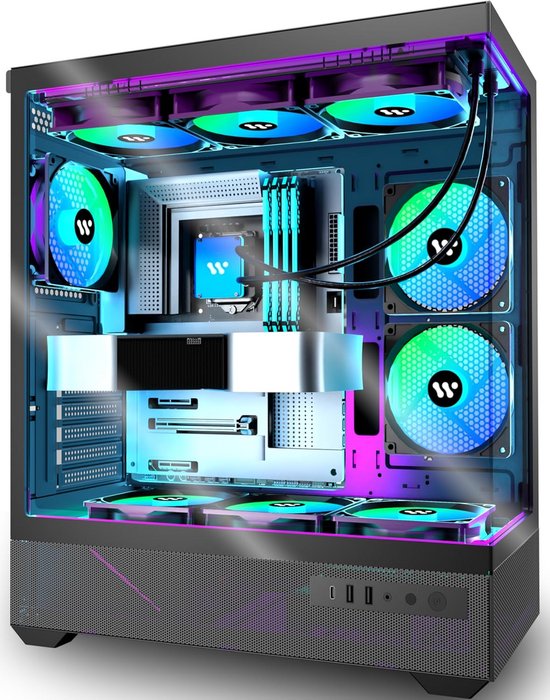ATX Mid Tower PC Behuizing met 5x ARGB PWM Ventilators en Gehard Glas ...