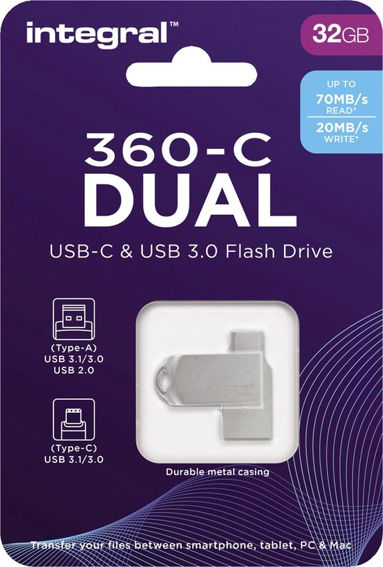 Usb-stick integral 3.0 usb-360-c dual 32gb | bol