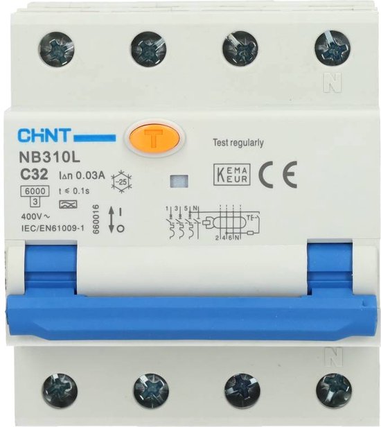 Chint aardlekautomaat 3-polig+nul 32A C-kar 30mA (2015C32) | bol