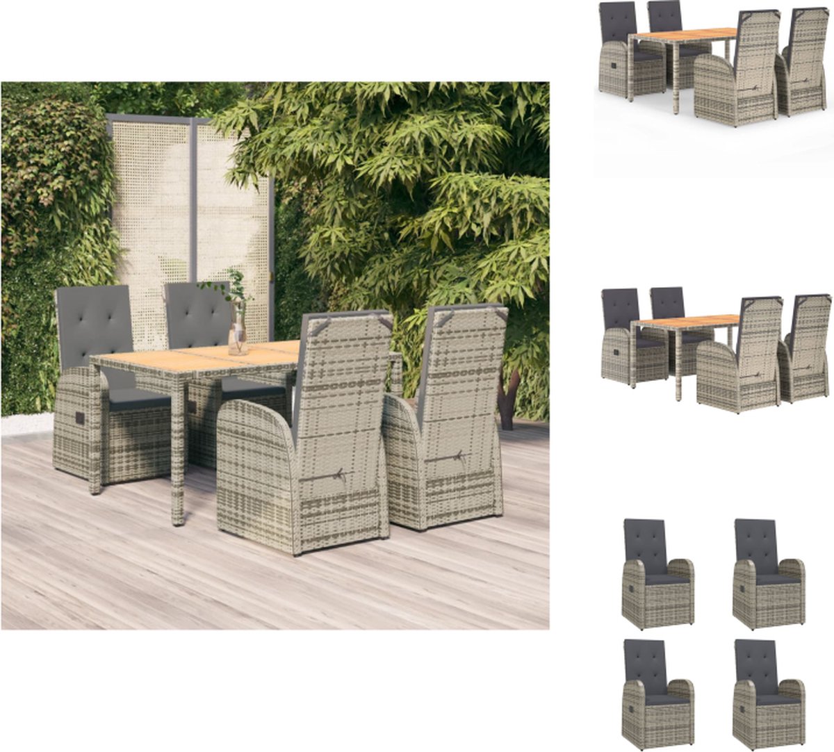 vidaXL Tuinset - PE-rattan - Grijs - 4 tuinstoelen - 1 tafel ...