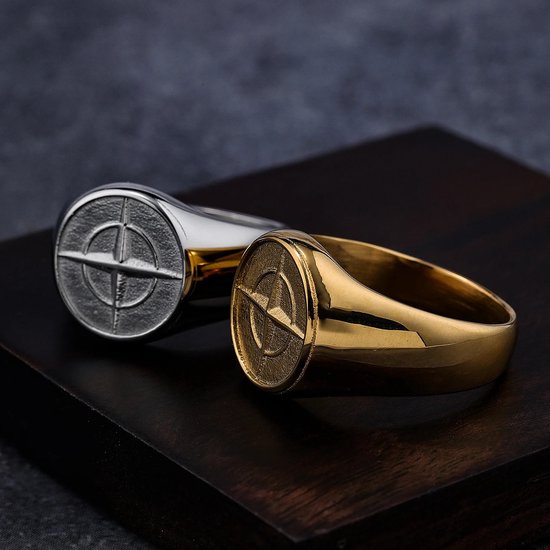 Zegelring Heren Goud kleurig met Kompas Gravering - Staal - Ring Ringen ...