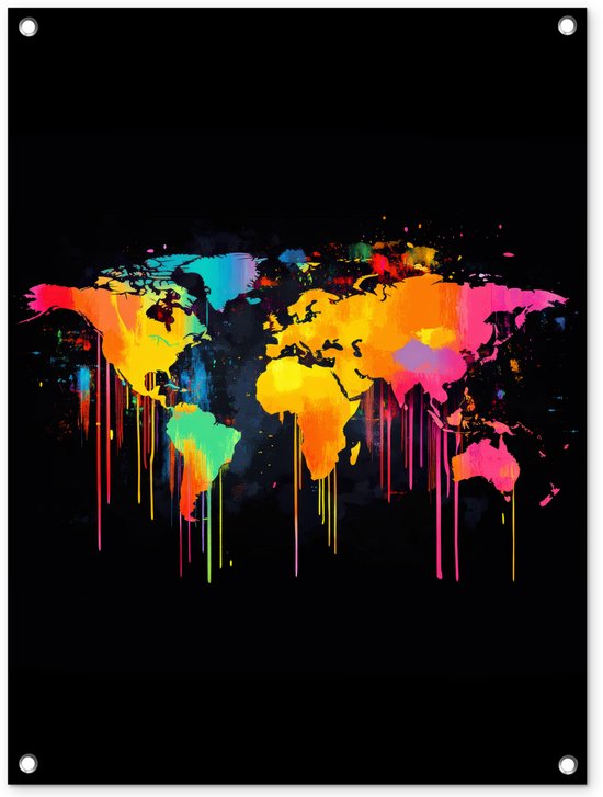 Tuinposter 60x80 cm - Tuindecoratie Wereldkaart - Verf - Kleurrijk ...