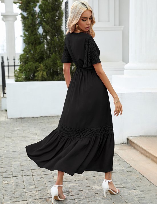 Zomerjurk Dames Maxi-jurk Korte Mouw Casual V-hals Boho Lange Jurk Zwart L | bol