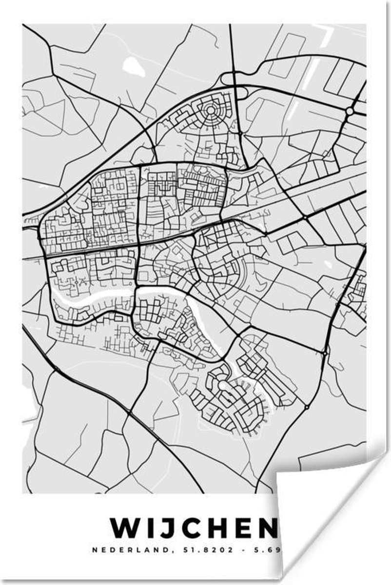 Poster Stadskaart - Wijchen - Grijs - Wit - 60x90 cm - Plattegrond ...